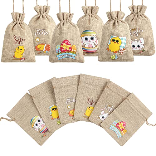 LOKIPA 24 Pcs Easter Burlap Bags, Easter Jute Burlap Bags Small Favor Bags with Drawstrings for Easter Party Favor