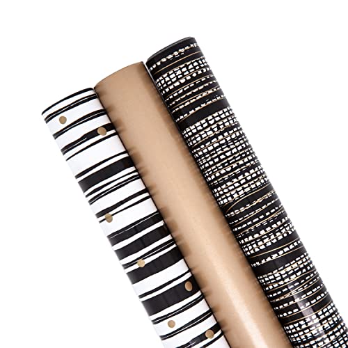 CC wonderland zone Wrapping Paper Roll,Black and white stripes Wrapping Paper，For All Occasion,Total of 3 Rolls,1 x Gold,2 x Black and white stripes.(17 inch x 9.8 ft)/Roll