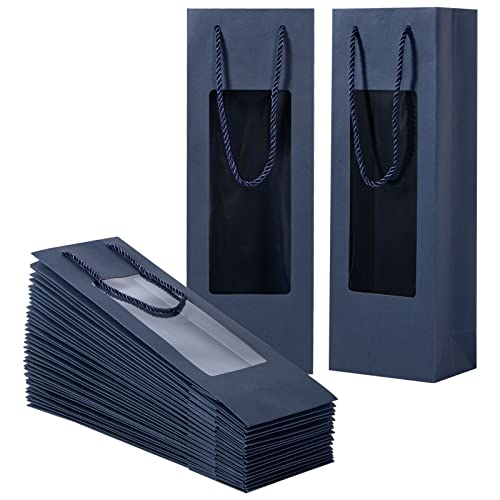 Sdootjewelry Navy Blue Wine Bags with Window, 20 Pack 4.9'' × 3.3'' × 14.2'' Wine Bags Bulk Kraft Paper Wine Gift Bags with Handles, Wine Bottle Paper Bags Retail Bags for Christmas New Year Holiday Celebrations