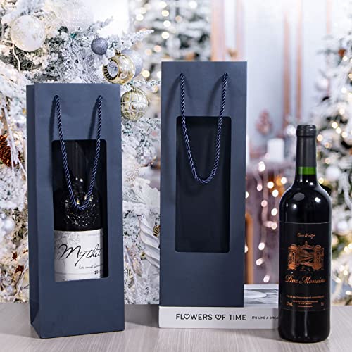 Sdootjewelry Navy Blue Wine Bags with Window, 20 Pack 4.9'' × 3.3'' × 14.2'' Wine Bags Bulk Kraft Paper Wine Gift Bags with Handles, Wine Bottle Paper Bags Retail Bags for Christmas New Year Holiday Celebrations