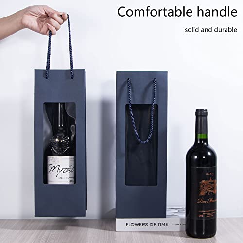 Sdootjewelry Navy Blue Wine Bags with Window, 20 Pack 4.9'' × 3.3'' × 14.2'' Wine Bags Bulk Kraft Paper Wine Gift Bags with Handles, Wine Bottle Paper Bags Retail Bags for Christmas New Year Holiday Celebrations