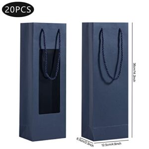 Sdootjewelry Navy Blue Wine Bags with Window, 20 Pack 4.9'' × 3.3'' × 14.2'' Wine Bags Bulk Kraft Paper Wine Gift Bags with Handles, Wine Bottle Paper Bags Retail Bags for Christmas New Year Holiday Celebrations