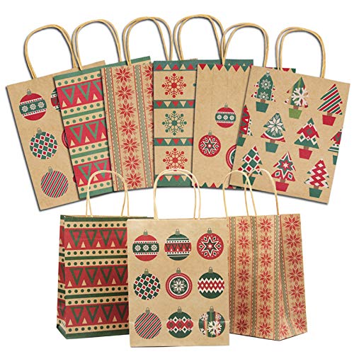 Lulu Home Christmas Paper Gift Bags with Handle, 24 Pieces Medium Christmas Kraft Paper Bags with Handle, Assorted Christmas Prints for Party Favors