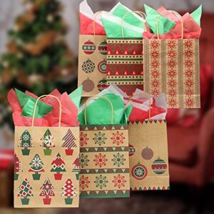 Lulu Home Christmas Paper Gift Bags with Handle, 24 Pieces Medium Christmas Kraft Paper Bags with Handle, Assorted Christmas Prints for Party Favors