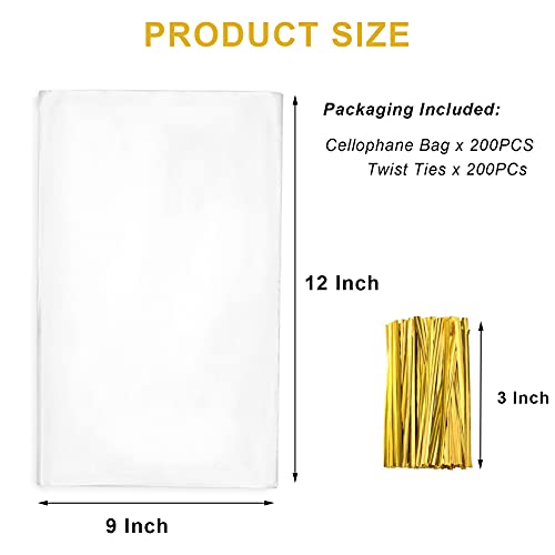 Yotelab Cellophane Bags, 9x12 Inches Clear Cellophane Gift Bags With Twist Ties, Cello Bags 200 PCS