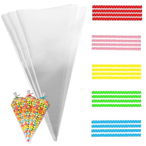 100pcs Sweet Cone Bags 25x13cm with 100pcs Coloured Dot Twist Ties, Clear Cellophane Bags for Baking, Candy, Cookie, Displaying, Wrapping (25x13cm)