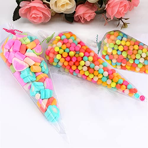 100pcs Sweet Cone Bags 25x13cm with 100pcs Coloured Dot Twist Ties, Clear Cellophane Bags for Baking, Candy, Cookie, Displaying, Wrapping (25x13cm)