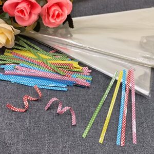 100pcs Sweet Cone Bags 25x13cm with 100pcs Coloured Dot Twist Ties, Clear Cellophane Bags for Baking, Candy, Cookie, Displaying, Wrapping (25x13cm)