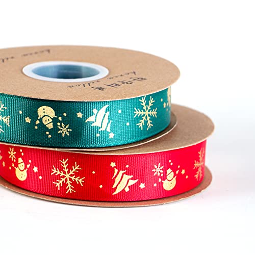 90 Yards 2 Roll Christmas Ribbons for Craft Holiday Printed Grosgrain Organza Satin Ribbons Metallic Glitter Fabric Ribbons Bulk Gift Wrapping Bow(45x2yd)