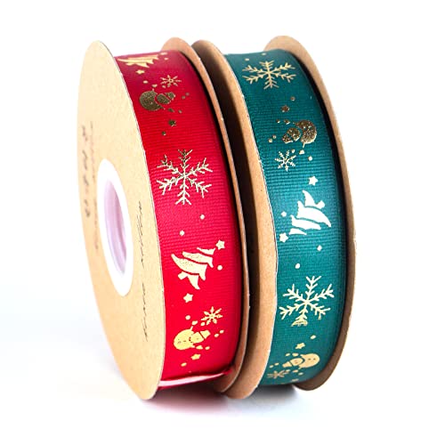 90 Yards 2 Roll Christmas Ribbons for Craft Holiday Printed Grosgrain Organza Satin Ribbons Metallic Glitter Fabric Ribbons Bulk Gift Wrapping Bow(45x2yd)