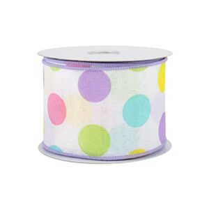 pastel polka dots wired ribbon – 2 1/2″ x 10 yards, white, pink, purple, blue, green, yellow, easter, spring, baby shower, birthday gift bow, wreath