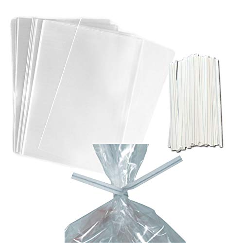 100 Clear Treat & Favor Bags | Ties Included | Great For Cake Pops, Candy, Gifts, Wedding or Party Favors | Food Safe Plastic | Stronger Than Cellophane | 1.5 Mils Thickness | 5.75" x 7.75"