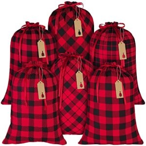 mimind 6 pieces christmas drawstring gift bags large cotton fabric gift bag 17.7 x 23.6 inch red and black buffalo plaid drawstring bag xmas santa sack christmas party favor bags with 24 tag