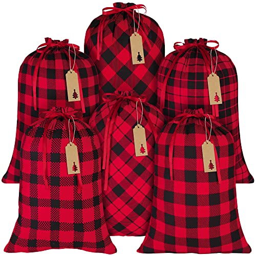 MIMIND 6 Pieces Christmas Drawstring Gift Bags Large Cotton Fabric Gift Bag 17.7 x 23.6 Inch Red and Black Buffalo Plaid Drawstring Bag Xmas Santa Sack Christmas Party Favor Bags with 24 Tag