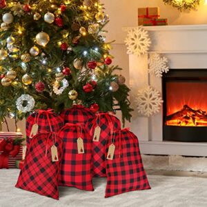 MIMIND 6 Pieces Christmas Drawstring Gift Bags Large Cotton Fabric Gift Bag 17.7 x 23.6 Inch Red and Black Buffalo Plaid Drawstring Bag Xmas Santa Sack Christmas Party Favor Bags with 24 Tag