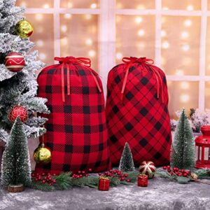 MIMIND 6 Pieces Christmas Drawstring Gift Bags Large Cotton Fabric Gift Bag 17.7 x 23.6 Inch Red and Black Buffalo Plaid Drawstring Bag Xmas Santa Sack Christmas Party Favor Bags with 24 Tag