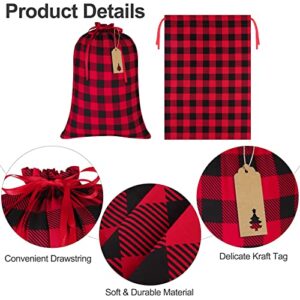 MIMIND 6 Pieces Christmas Drawstring Gift Bags Large Cotton Fabric Gift Bag 17.7 x 23.6 Inch Red and Black Buffalo Plaid Drawstring Bag Xmas Santa Sack Christmas Party Favor Bags with 24 Tag