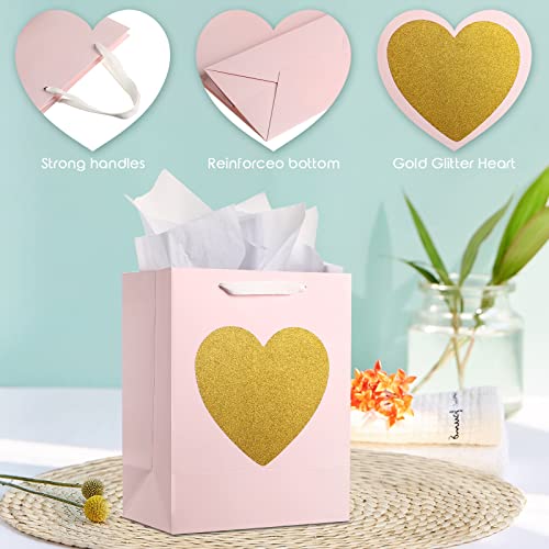 12 Pcs 13" Gift Bag with Tissue Paper Gold Glitter Heart for Wedding Valentine's Day Birthdays Bridal Showers Anniversaries Sweetest Day and More