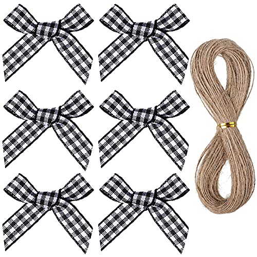 100 Pieces Mini Gingham Ribbon Bows Christmas Buffalo Plaid Bows Checkered Flowers Appliques Bows with 66 Feet Rope for Sewing Wrapping DIY Craft Wedding Decoration (Black-White)