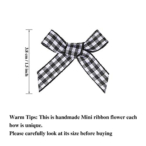 100 Pieces Mini Gingham Ribbon Bows Christmas Buffalo Plaid Bows Checkered Flowers Appliques Bows with 66 Feet Rope for Sewing Wrapping DIY Craft Wedding Decoration (Black-White)