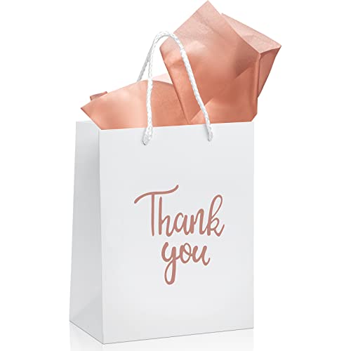 Nezyo 12 Pack Thank You Gift Bags with Tissue Paper Wedding Tissue Paper Party Bags with Handles Paper Shopping Bag Bridal Shower Gift Bags for Birthday Wedding Baby Shower Party Favor (Rose Gold)