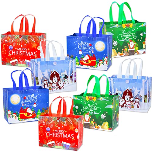 Large Christmas Gift Bags with Handles, Reusable Christmas Grocery Tote Bags for Christmas Holiday Gift Groceries Shopping Xmas Party Supplies, 8 Pack