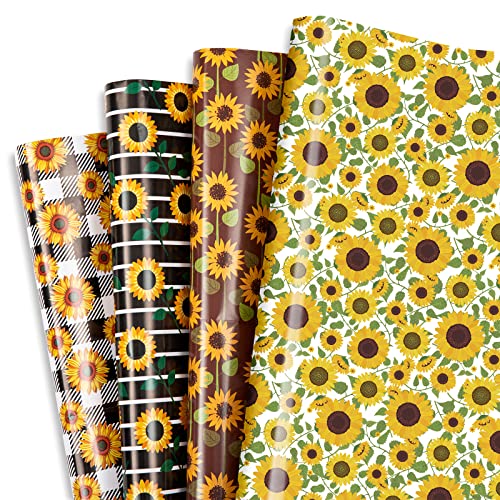 Whaline 12 Sheet Sunflower Wrapping Paper 4 Designs Summer Floral Wrapping Paper Plaids Stripe Sunflower Art Paper for Spring Summer Holiday Birthday Gift Wrap DIY Craft Decoration, 19.7 x 27.6 Inch