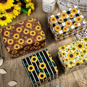 Whaline 12 Sheet Sunflower Wrapping Paper 4 Designs Summer Floral Wrapping Paper Plaids Stripe Sunflower Art Paper for Spring Summer Holiday Birthday Gift Wrap DIY Craft Decoration, 19.7 x 27.6 Inch