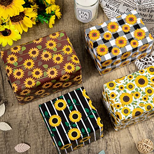 Whaline 12 Sheet Sunflower Wrapping Paper 4 Designs Summer Floral Wrapping Paper Plaids Stripe Sunflower Art Paper for Spring Summer Holiday Birthday Gift Wrap DIY Craft Decoration, 19.7 x 27.6 Inch