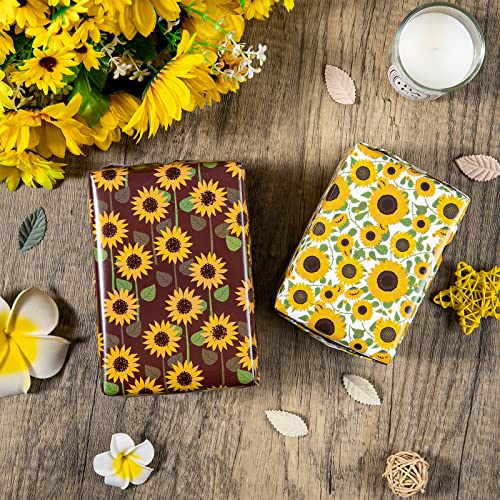 Whaline 12 Sheet Sunflower Wrapping Paper 4 Designs Summer Floral Wrapping Paper Plaids Stripe Sunflower Art Paper for Spring Summer Holiday Birthday Gift Wrap DIY Craft Decoration, 19.7 x 27.6 Inch