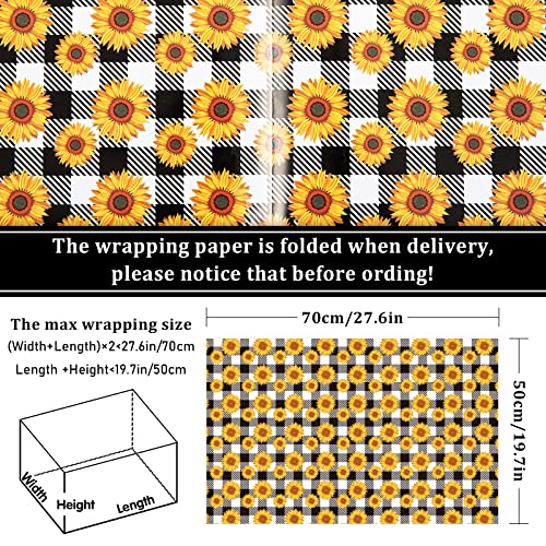 Whaline 12 Sheet Sunflower Wrapping Paper 4 Designs Summer Floral Wrapping Paper Plaids Stripe Sunflower Art Paper for Spring Summer Holiday Birthday Gift Wrap DIY Craft Decoration, 19.7 x 27.6 Inch