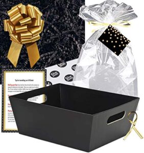 gift basket making kit and supplies – do it yourself diy build your own gift basket matching supplies market tray basket cellophane bag shredded crinkle paper ribbon pull bow (black and gold, x-large)