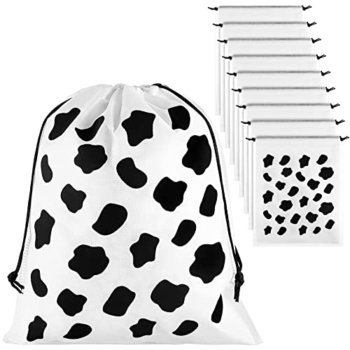 Shappy 18 Pieces Cow Plaid Soccer Paw Print Non Woven Bags Drawstring Bags Large Treat Candy Goodie Present Bags for Animal Theme Birthday Party Favors, 10 x 12 Inch (Cow Pattern)