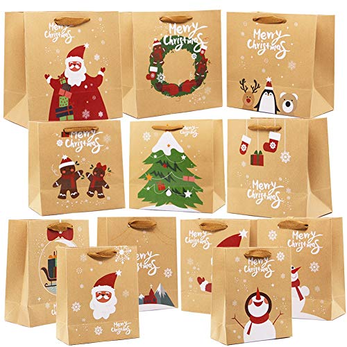 Lulu Home 24 Pcs Christmas Kraft Gift Bags with Handles, Kraft Bags with Assorted Christmas Prints, Christmas Gift Bags Large, Medium and Small for Packing