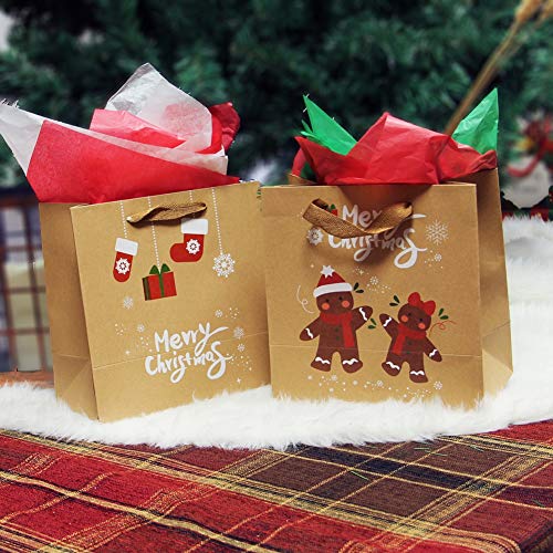 Lulu Home 24 Pcs Christmas Kraft Gift Bags with Handles, Kraft Bags with Assorted Christmas Prints, Christmas Gift Bags Large, Medium and Small for Packing