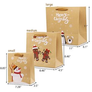 Lulu Home 24 Pcs Christmas Kraft Gift Bags with Handles, Kraft Bags with Assorted Christmas Prints, Christmas Gift Bags Large, Medium and Small for Packing