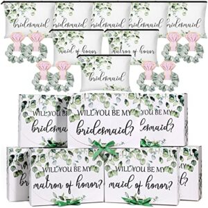 24 pcs wedding themed supplies include 8 bridesmaid proposal box 8 bridesmaid canvas makeup bags matron of honor bag and 8 hair scrunchies bridal satin hair band for bridal shower wedding party