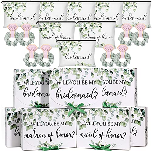 24 Pcs Wedding Themed Supplies Include 8 Bridesmaid Proposal Box 8 Bridesmaid Canvas Makeup Bags Matron of Honor Bag and 8 Hair Scrunchies Bridal Satin Hair Band for Bridal Shower Wedding Party