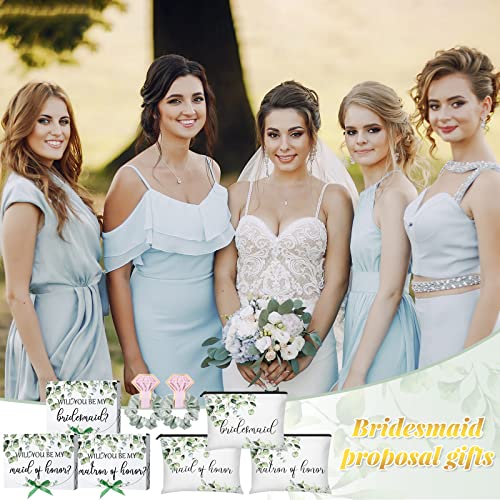 24 Pcs Wedding Themed Supplies Include 8 Bridesmaid Proposal Box 8 Bridesmaid Canvas Makeup Bags Matron of Honor Bag and 8 Hair Scrunchies Bridal Satin Hair Band for Bridal Shower Wedding Party