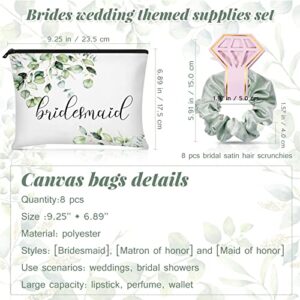 24 Pcs Wedding Themed Supplies Include 8 Bridesmaid Proposal Box 8 Bridesmaid Canvas Makeup Bags Matron of Honor Bag and 8 Hair Scrunchies Bridal Satin Hair Band for Bridal Shower Wedding Party