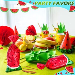 100 Pieces Watermelon Treat Bags Cellophane Bags Watermelon Party Bags Plastic Candy Bag with 200 Pieces Red Twist Ties for Watermelon Birthday Party Baby Shower Supplies (Red)