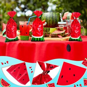 100 Pieces Watermelon Treat Bags Cellophane Bags Watermelon Party Bags Plastic Candy Bag with 200 Pieces Red Twist Ties for Watermelon Birthday Party Baby Shower Supplies (Red)