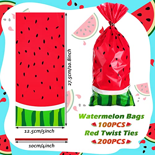 100 Pieces Watermelon Treat Bags Cellophane Bags Watermelon Party Bags Plastic Candy Bag with 200 Pieces Red Twist Ties for Watermelon Birthday Party Baby Shower Supplies (Red)