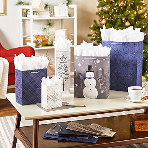 Hallmark Blue and Silver Bulk Christmas Assorted Sizes 18 Gift Bags: 5 Small 5", 4 Medium 8", 4 Large 11", 3 XL 14", 2 Bottle Bags |Snowflake, Tree, Snowman, Plaid