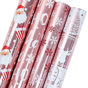 WRAPAHOLIC Christmas Wrapping Paper Roll - Rose Gold Santa, Snowflakes and Reindeer Holiday Collection with Metallic Foil Shine - 4 Rolls - 30 Inch X 120 Inch Per Roll