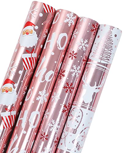 WRAPAHOLIC Christmas Wrapping Paper Roll - Rose Gold Santa, Snowflakes and Reindeer Holiday Collection with Metallic Foil Shine - 4 Rolls - 30 Inch X 120 Inch Per Roll