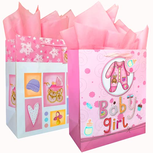 BagLove - Premium (2 Pack) Baby Girl Gift Bags with Tissue Paper - Large Gift Bags Perfect for Baby Showers, New Moms, Birthdays, Gender Reveals and More