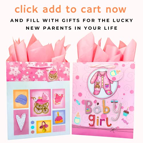 BagLove - Premium (2 Pack) Baby Girl Gift Bags with Tissue Paper - Large Gift Bags Perfect for Baby Showers, New Moms, Birthdays, Gender Reveals and More