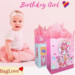 BagLove - Premium (2 Pack) Baby Girl Gift Bags with Tissue Paper - Large Gift Bags Perfect for Baby Showers, New Moms, Birthdays, Gender Reveals and More