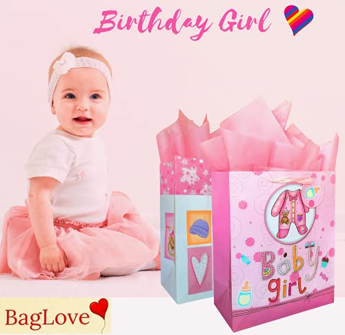 BagLove - Premium (2 Pack) Baby Girl Gift Bags with Tissue Paper - Large Gift Bags Perfect for Baby Showers, New Moms, Birthdays, Gender Reveals and More